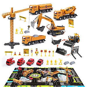 skirtoy Kids Construction Vehicles Playset with Playmat, 18" Crane Toy, 10" Excavator, Tractor, Dump Truck, Cement, 4 Firetrucks, Educational Engineering Toy Set Birthday Gift for Toddler Boy 3+