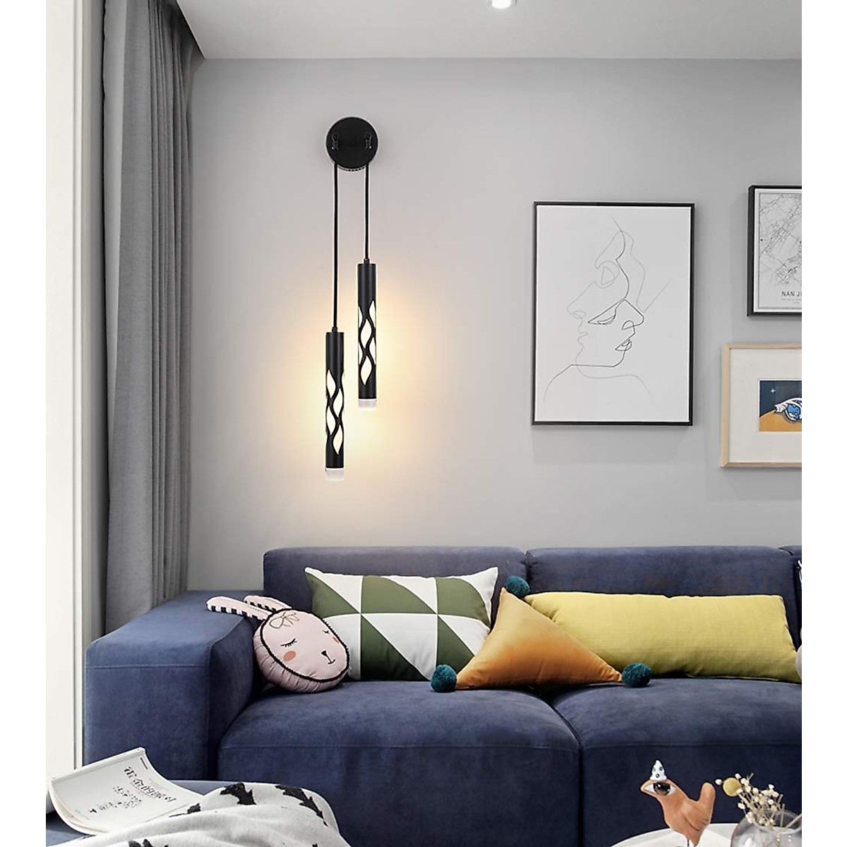 AN.KLN 2 Lights 24W Warm Light LED Wall Light Metal Acrylic Wall Bedside Lamp, Creative Indoor Lighting Wall Lamp for Bedroom Dining Room Living Room Hallway Decoration Lamp,Black