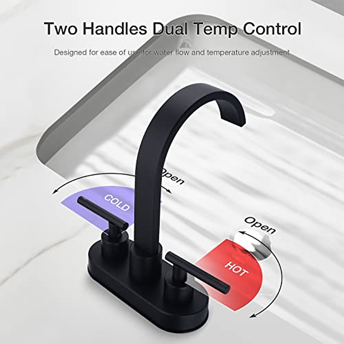DIKUROOMS Bathroom Faucet 2 Handle 4 Inch Centerset Lavatory Vanity Sink Faucet with Overflow Pop-Up Drain and cUPC Water Supply Lines, Square Shaped 360 Degree Swivel Waterfall Spout, Matte Black
