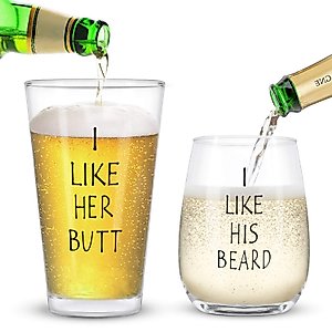 I Like His Beard Stemless Wine Glass and I Like Her Butt Beer Glass Set for Couples, Wife Husband, Fiance Fiancee, Gift Idea for Engagement, Wedding, Christmas, Bridal Shower, Valentine's Day, 15Oz