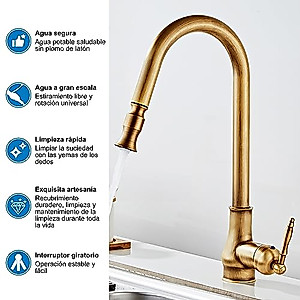 Vintage Brass Antique Bronze Kitchen Faucet,Single Hole Copper Widespread Mixer Taps with Pull Down Sprayer (Brass Nut)