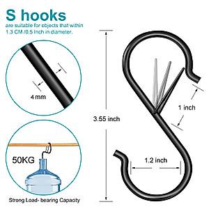 S Hooks for Hanging, Heavy Duty S Hooks with Safety Buckle, 8pcs Small Metal S Shaped Hook for Hanging Plants,Pots, Closet, Kitchen Utensil, Clothes, Jeans, Baskets, Christmas Hanging Lights Black