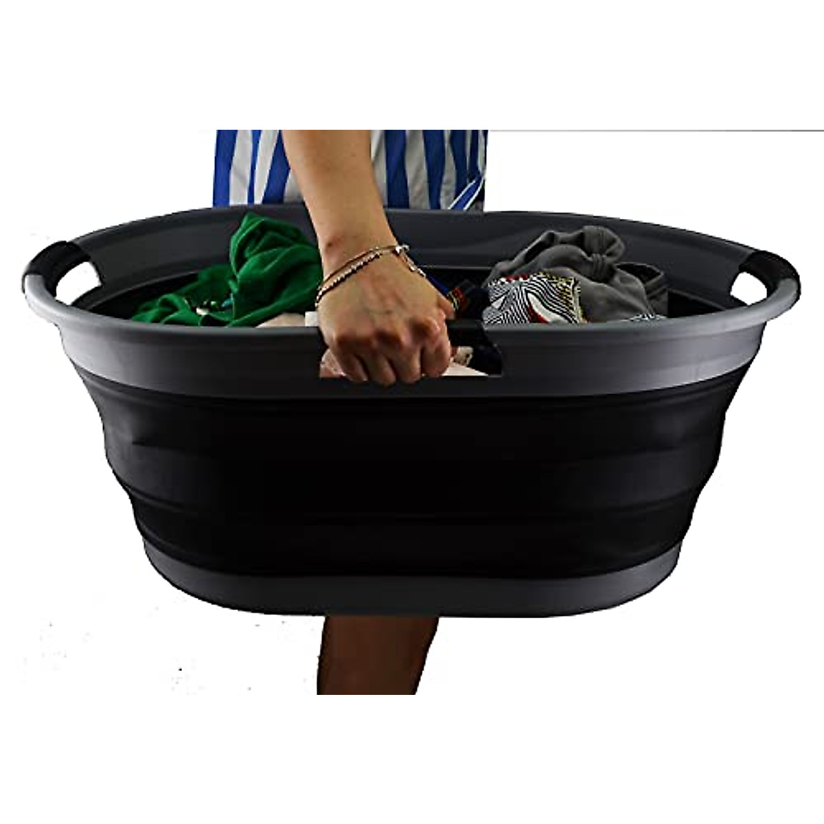 SAMMART 44L Collapsible Plastic Laundry Basket - Foldable Pop Up Storage Container / Organizer - Portable Washing Tub - Space Saving Hamper / Basket - Water Capacity: 35L (1, Dark Grey/Black), Size: 25.4 x 17.8 x 10.6 inches