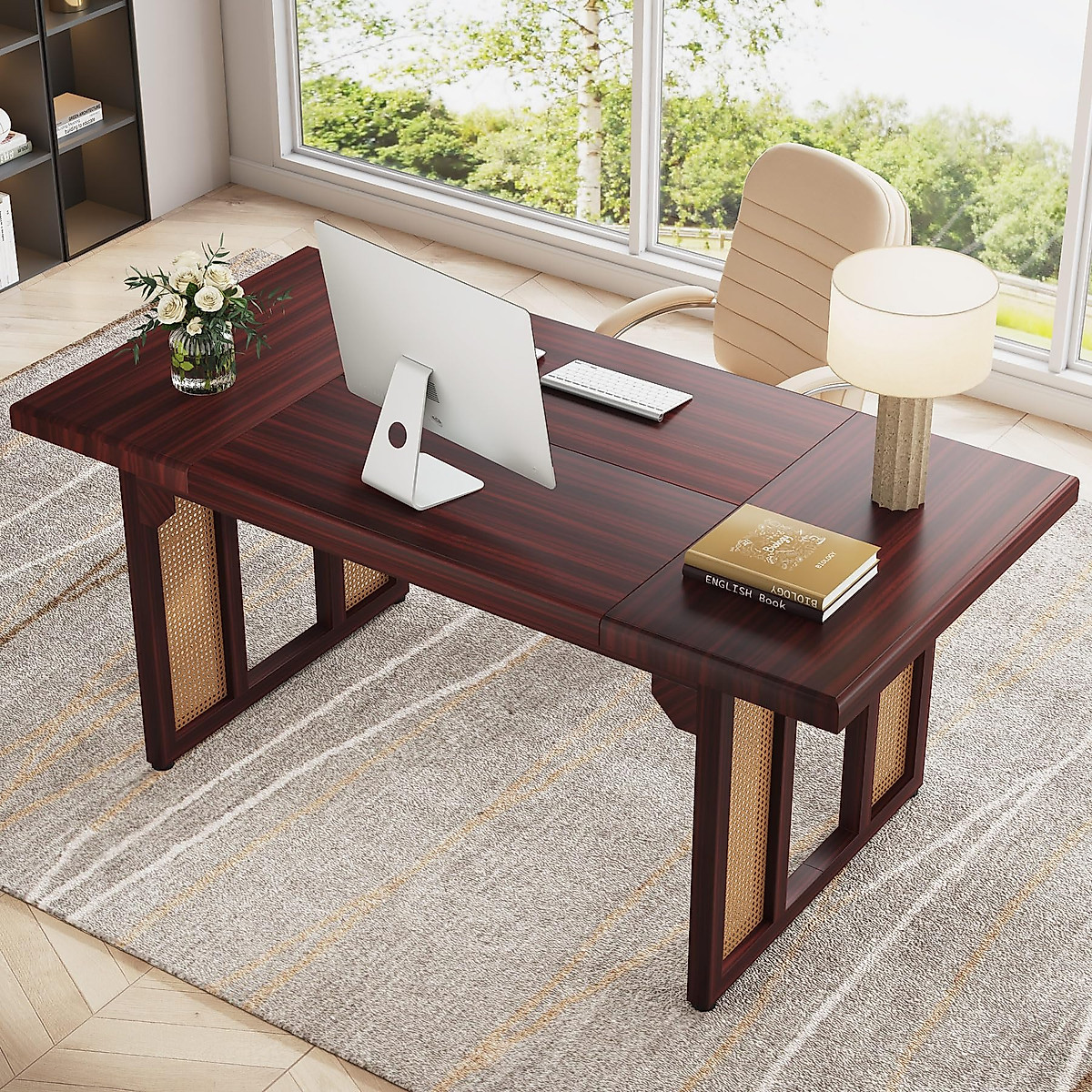 Tribesigns 70.9 Inch Executive Desk, Large Office Computer Desk with Rattan & Metal Frame, Modern Simple Study Writing Table Workstation Desk for Home Office, Conference Meeting Room