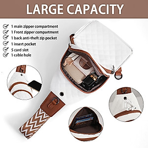 EMBRUNIOICE Sling Bag for Women Crossbody Purse, Vegan leather Crossbody Fanny Pack with Guitar Strap, Quilted Trendy Chest Bag for Women Travel(Cream with Brown)