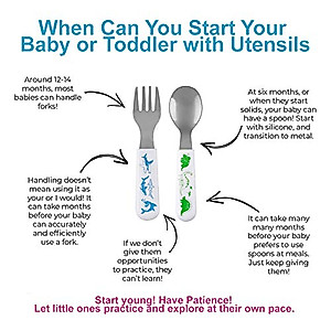 Brinware Toddler Utensils Kids Silverware Set - Fork Spoon and Knife Cutlery Set (6 Pack) Stainless Steel Flatware - Self Feed Baby Utensils - Dino/Shark