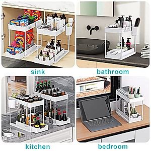 Teencci 2 Pack Under Sliding Sink Organizers & Storage,2 Tier Sliding Organizer Under Sink,Multipurpose Under Kitchen Sink Organizers & Storage w/ 8 Hooks & 2 Hanging Cups,White 2 pack (ST86W)