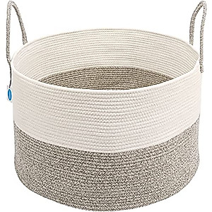 Casaphoria XXXLarge Cotton Rope Basket for Living Room - Woven Storage Basket with long Handle for Blankets, Towels and Pillows Laundry Hamper | Cream white and Brown (22" x 22" x 14")