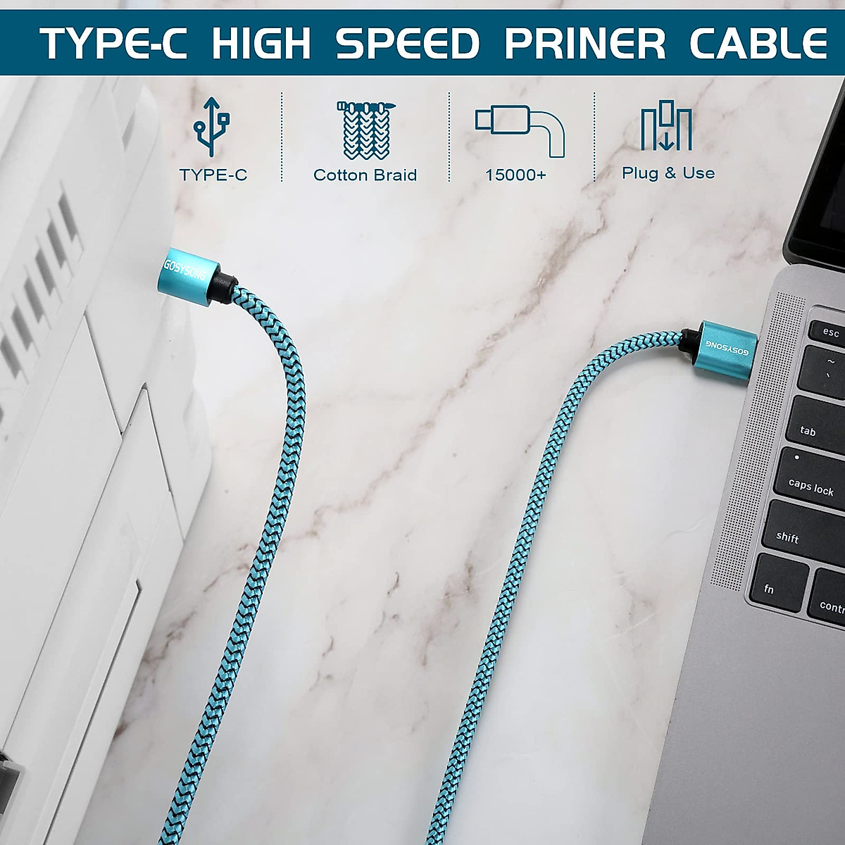 GOSYSONG USB C Printer Cable 20ft, High Speed USB C to USB B Printer Cord Compatible with Printer, Scanner, Fax, Midi Keyboard