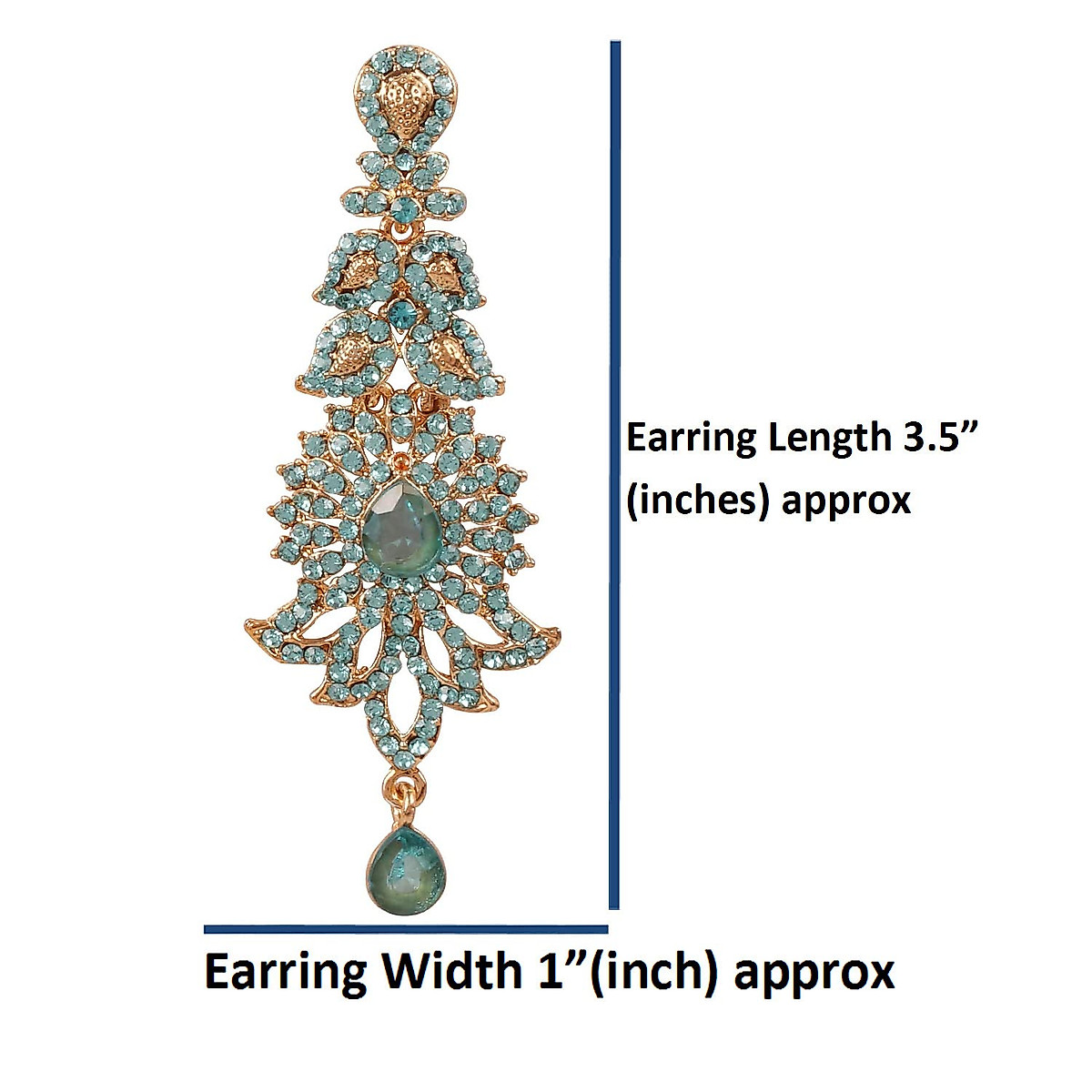 Touchstone Hollywood Glamour Oscar Collection Extra Long Chandelier Earrings, Indian Paisley Motif Filigree Turquoise Blue Rhinestones, Designer Bridal Jewelry, Antique Gold Tone