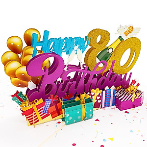 Liif Happy 80th Birthday Pop Up Card, 80th Birthday Card For Women, Men, Mom, Dad | With Message Note & Envelop | Size 8 X 6 Inch
