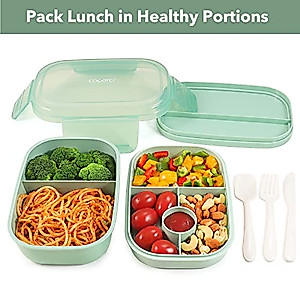 Caperci Stackable Bento Box Adult Lunch Box - 3 Layers All-in-One Lunch Containers with Multiple Compartments for Adults & Kids, 55 oz Large Capacity, Built-in Utensil Set & BPA Free (Green)