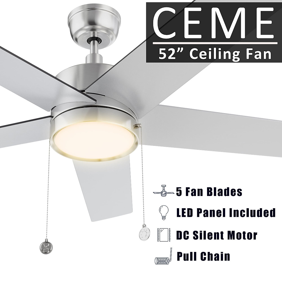 52” Ceiling Fans with Lights, 5 Speeds Reversible DC Modern Ceiling Fan with Pull Chain, 3 Light Colors Dimmable Outdoor Ceiling Fan, Sliver