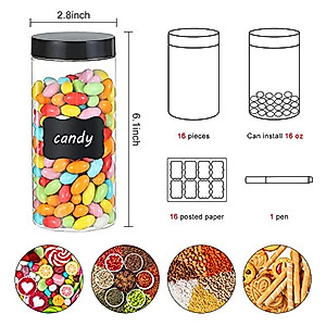 16oz Plastic Jar with Lids, 16Pcs Clear Empty Containers Straight Cylinders Storage Jars with Airtight Black Lid Stackable Refillable Round Plastic Jars for Body Butter, Kitchen Food & Home Storage