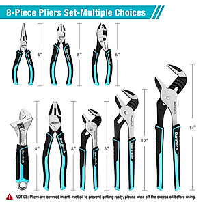 DURATECH 8-Piece Pliers Set with Rolling Pouch, Premium Cr-V/Cr-Ni Construction, (12", 10", 8" Groove Joint Pliers, 8" Adjustable Wrench, 8" Linesman, 6" Long Needle Nose, 6" Slip Joint, 6" Diagonal)