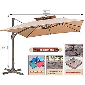 LKINBO 9X9FT Cantilever Umbrella Double Top Outdoor Umbrellas Large Patio Umbrella Windproof Offset Umbrella Heavy Duty Hanging Sun Umbrella With Cross Base for Garden Deck Pool Beach Market, Khaki