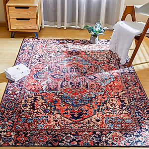 Hecceon Large Area Rugs, Vintage Boho Rugs Soft Fluffy Low Pile Floor Carpet, Foldable Non Slip Machine Washable Rug, Brick Red, 8'x10'