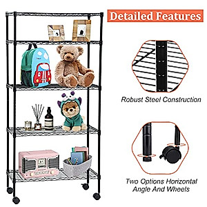 PIKAQTOP 5-Tier Heavy Duty Metal Shelves for Storage Kitchen Garage (750LBS Capacity), Industrial Commercial-Grade Shelves w/Wheels & Leveler Feet, Height Adjustable Wire Rack Shelving for Pantry