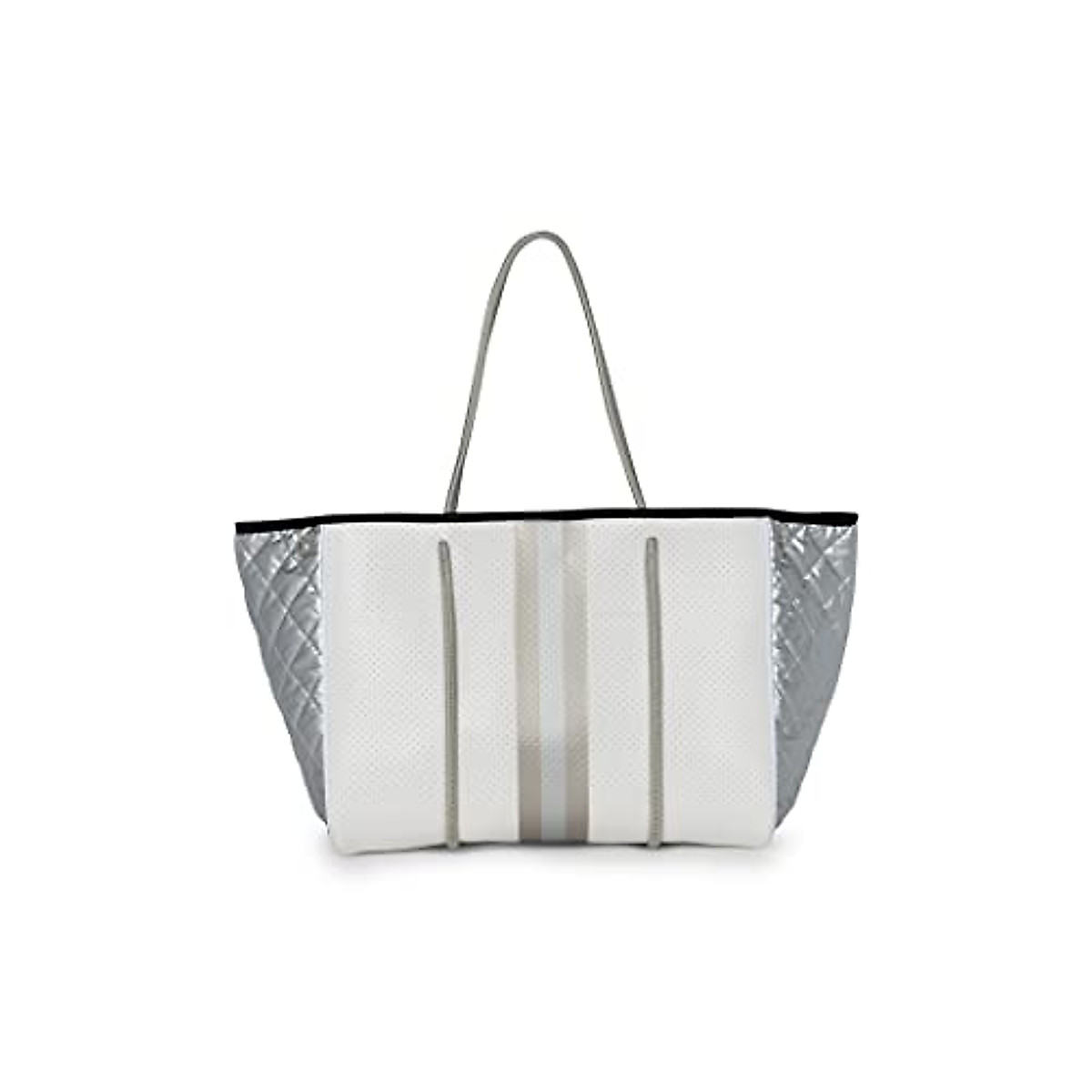 Haute Shore - Greyson Vapor Neoprene Tote Bag w/Zipper Wristlet Inside, White Coated W/Silver & Rosegold Stripe, One_Size
