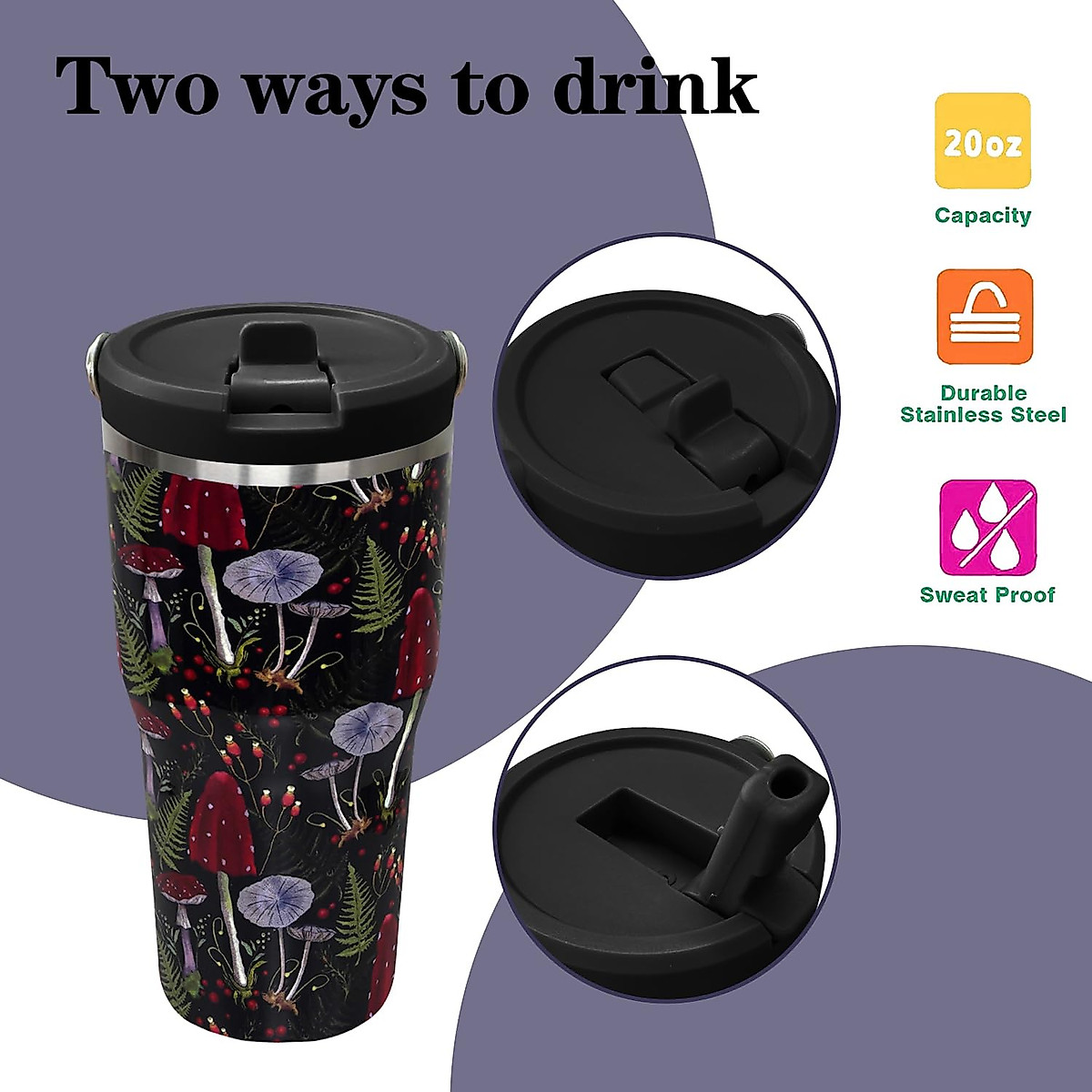 Hachishun Mushroom Tumbler With Flip Straw and Top Handle - 20 oz Insulated Stainless Steel Travel Mug - Wine Cups and Gifts