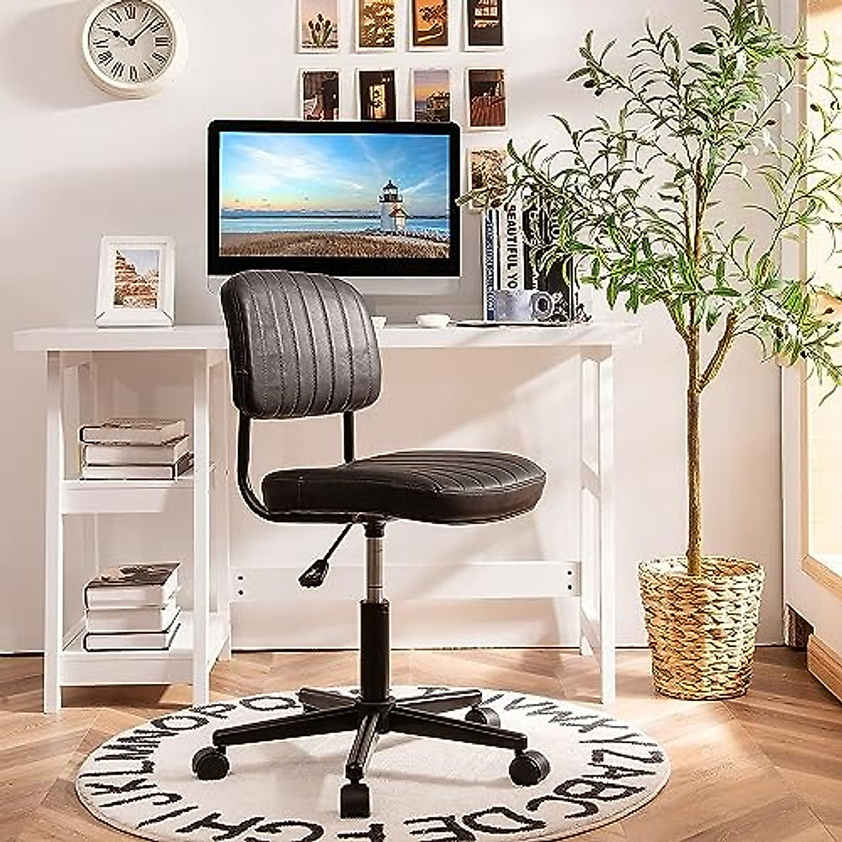 Giantex Leather Office Chair, Armless Low-Back Computer Desk Chair, Retro Swivel Rolling Task Chair Height Adjustable PU Leisure Office Chair for Kids Teens Adults (2, Black)