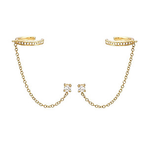 Cuff Hoop Halo CZ Stud Chain Climber Crawler Earrings for Women Teen Girls Cartilage Double Holes S925 Sterling Silver Hypoallergenic Fashion Personalized Small Huggie Hoops Gifts Bff (CZ Gold)