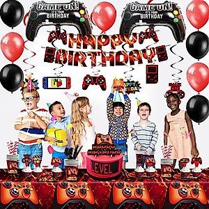 Red Video Game Party Supplies - 212Pcs Gamer Gaming Party Decoration For Boys Birthday Party - Table Cover, Plates, Cups, Napkins, Utensils, Hanging Swirls, Birthday Banner, Cupcake, Topper Cake Topper & Balloons Serves 16 Guests