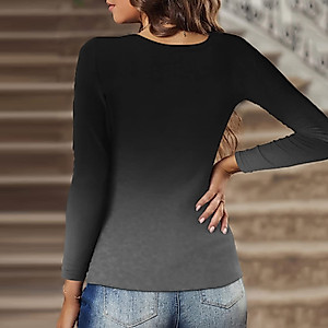 Women's Long Sleeve Tops Casual Fall Henley Shirts Button Down Blouses Gradient Basic Low Round Neck T Shirts