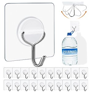 YSJNUS Adhesive Hooks Wall Hooks for Hanging Heavy Duty 22lb(Max), Waterproof and Rustproof Transparent Self Adhesive Hooks for Bathroom Kitchen Outdoor and Home Improvement -20 Pack