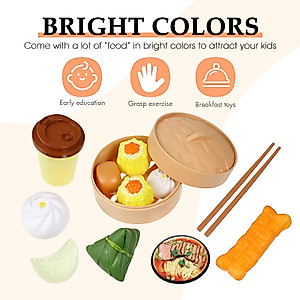 Play Food 26pcs Pretend Play Toy Asia Dim Sum Set Steamer Buns Chinese Breakfast Toy for Kids Food Kitchen Set Cooking Dish Asia Tea Time Birthday Gift, Style Random