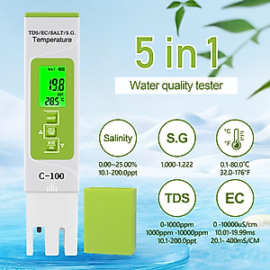 EC Meter 5-in-1 TDS Meter, SG Meter, Salinity Tester,Temp Meter.TDS Meter Digital Water Tester with Horizontal Display,ATC,PPM Meter for Farming,Pools,Drinking Water
