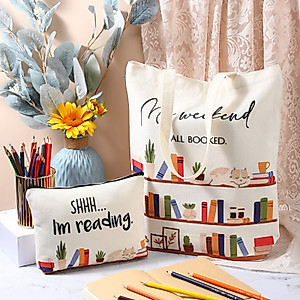 Sieral 2 Pcs Book Lovers Gifts Bookshelf Tote Bag Makeup Reading Canvas Bag Reusable Book Tote Bag Cosmetic Pencil Cases School Bag Gift with Metal Zipper Bookish Librarian Gifts for Women Teacher