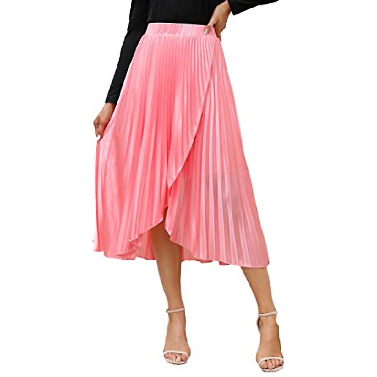 KOJOOIN Women's Barbie Skirts Pleated High Elastic Wasit A-line Asymmetrical Hem Swing Flowy Skirts with Lining Barbir Pink 2XL