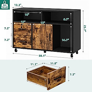 YITAHOME Wood File Cabinet, Mobile Filing Cabinet 2-Drawer Lateral File Cabinet for Letter, Legal, A4 Size, Printer Stand with Open Storage Shelves for Home Office,Black and Rustic Brown