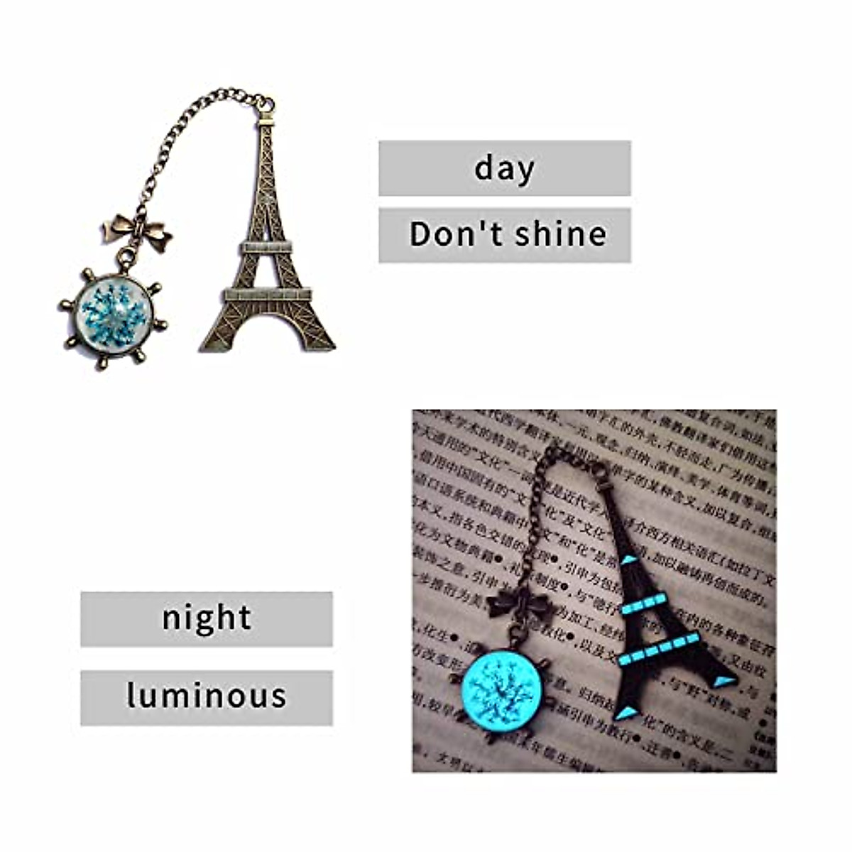 Eiffel Tower Glow Bookmark, Metal Bookmark with Chain, Vintage Bookmark with Snowflake for Teachers Students Mother Father Gifts