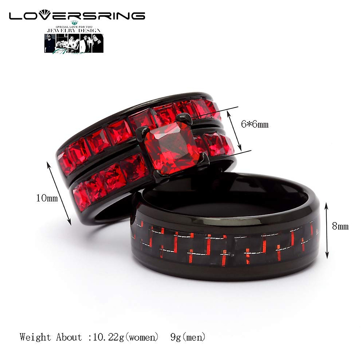 LOVERSRING Two Rings His and Hers Couple Ring Bridal Set His Hers 3pc Women Black Gold Filled Red Cz Man Stainless Steel Wedding Ring Band Set