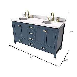 ARIEL Double Bathroom Vanity 61" Inch in Midnight Blue with Pure White Quartz Countertop, Oval Sinks, 4 Soft Closing Doors and 6 Full Extension Dovetail Drawers, No Mirror