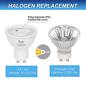 Simba Lighting LED GU10 5W Dimmable Spot Light Bulb (6 Pack) Halogen 50W Replacement MR16 Shape for Accent, Recessed, Track Lighting, 38° Beam Angle, 120V, Twist-N-Lock Bipin Base, 5000K Daylight