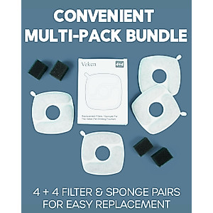 Veken Cat Water Fountain Filters, 4 Pack Replacement Filters & 4 Pack Replacement Pre-Filter Sponges Set for 67oz, 95oz, 135oz Automatic Pet Fountain Dog Water Dispenser
