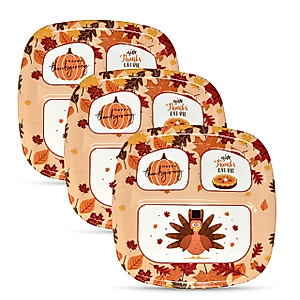Gift Boutique 24 Pack Thanksgiving Divided Dinner Plate 9 inch Square 3 Section Plates for Fall Autumn Harvest Party Supply Disposable Paper Dinner Table Decorations with Turkey Pumpkin Leaf Design