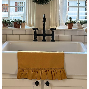 Farmhouse Linen Dish Towel, Linen Tea Towel, Ruffled Linen, Set of 2, Shabby Chic (Ochre)