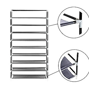 Kepooman 10 Tiers Shoe Rack with Dustproof Cover Closet Shelf Shoe Storage Cabinet Organizer,Side Pockets,Gray