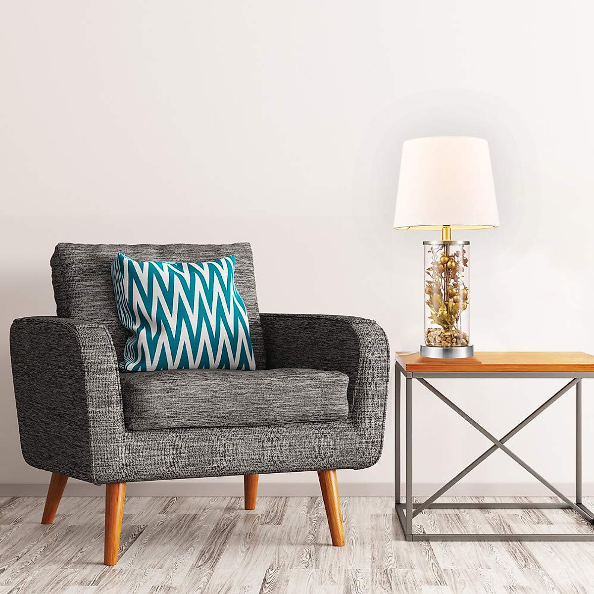 Globe Electric 67155 20" Fillable Table Lamp, Clear Glass and Steel Base, White Fabric Shade, Reading Light, Home Essentials, Bedroom, Nightstands, Room Décor, Dorm