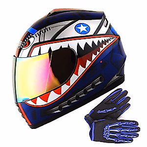 WOW Youth Motorcycle Full Face Helmet Street Bike BMX MX Kids Shark Blue + MX Skeleton Glove Bundle