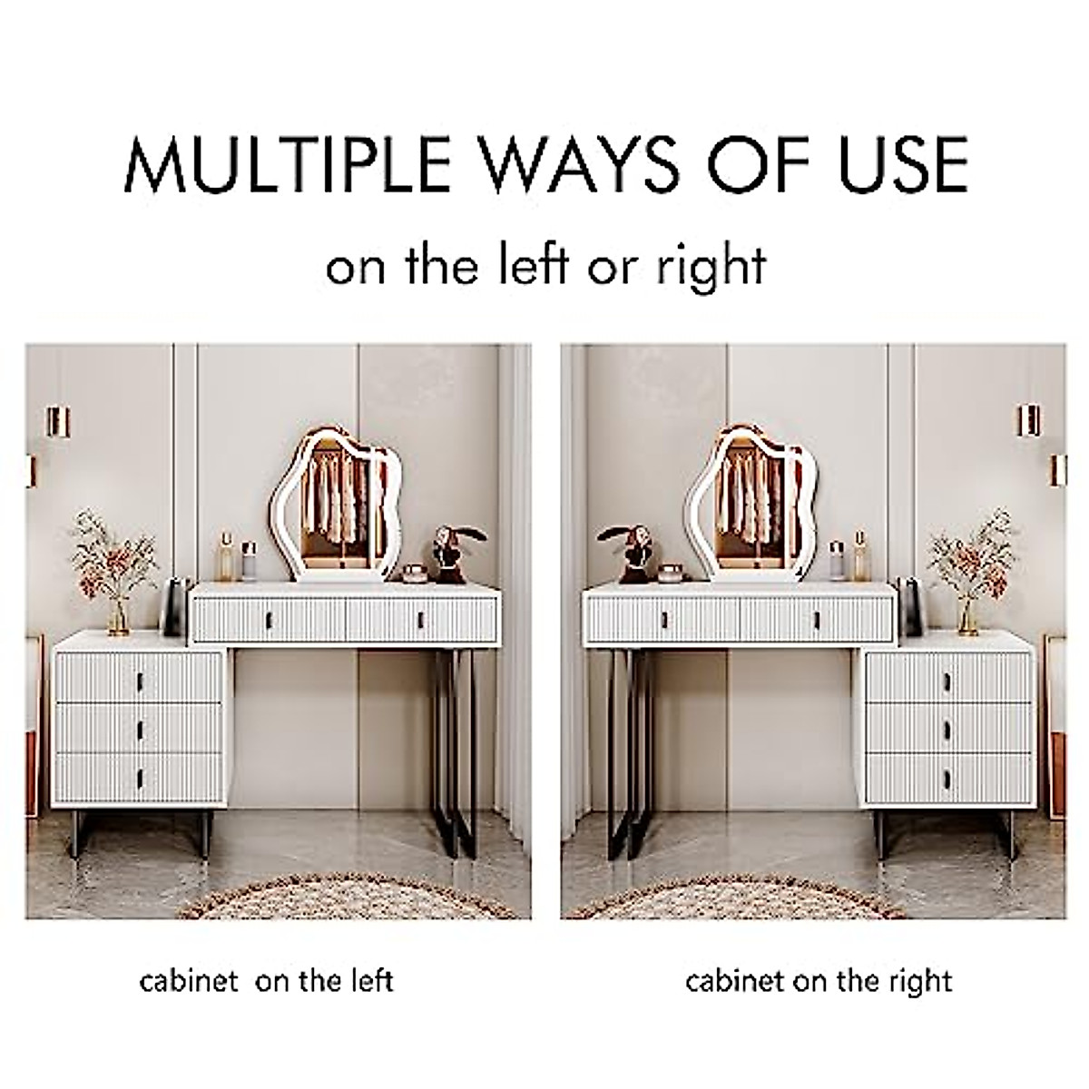 leejdn White Vanity Desk with 3-Color Touch Screen Lighted Mirror, 5 Drawers, Makeup Vanity Table Set with LightsDressing Table for Women Girls