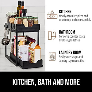 Gorilla Grip 2 Tier Under Sink Organizer, Pull Out Cabinet Organizers with Hooks, Slide Drawers Hold Up to 15lbs Each, Easy Assembly Storage for Kitchen Bathroom Coffee Bar, Shelf Organization, Black