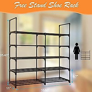 JUMAIPRO 5-Tiers Shoe Rack, 20 Pairs Shoe Storage Organizer, Double Row Free Standing Shoe Racks, Metal Stackable Shoe Tower, Black Shoe Shelf for Entryway Closet Bedroom Hallway Patio