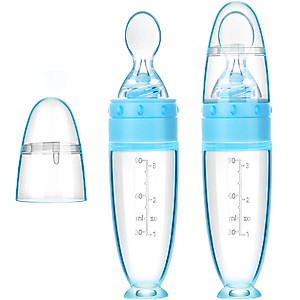 2 Pieces Silicone Baby Spoons Baby Feeding Spoon with Standing Base for Infant 0-24 Months Dispensing and Feeding (Blue)