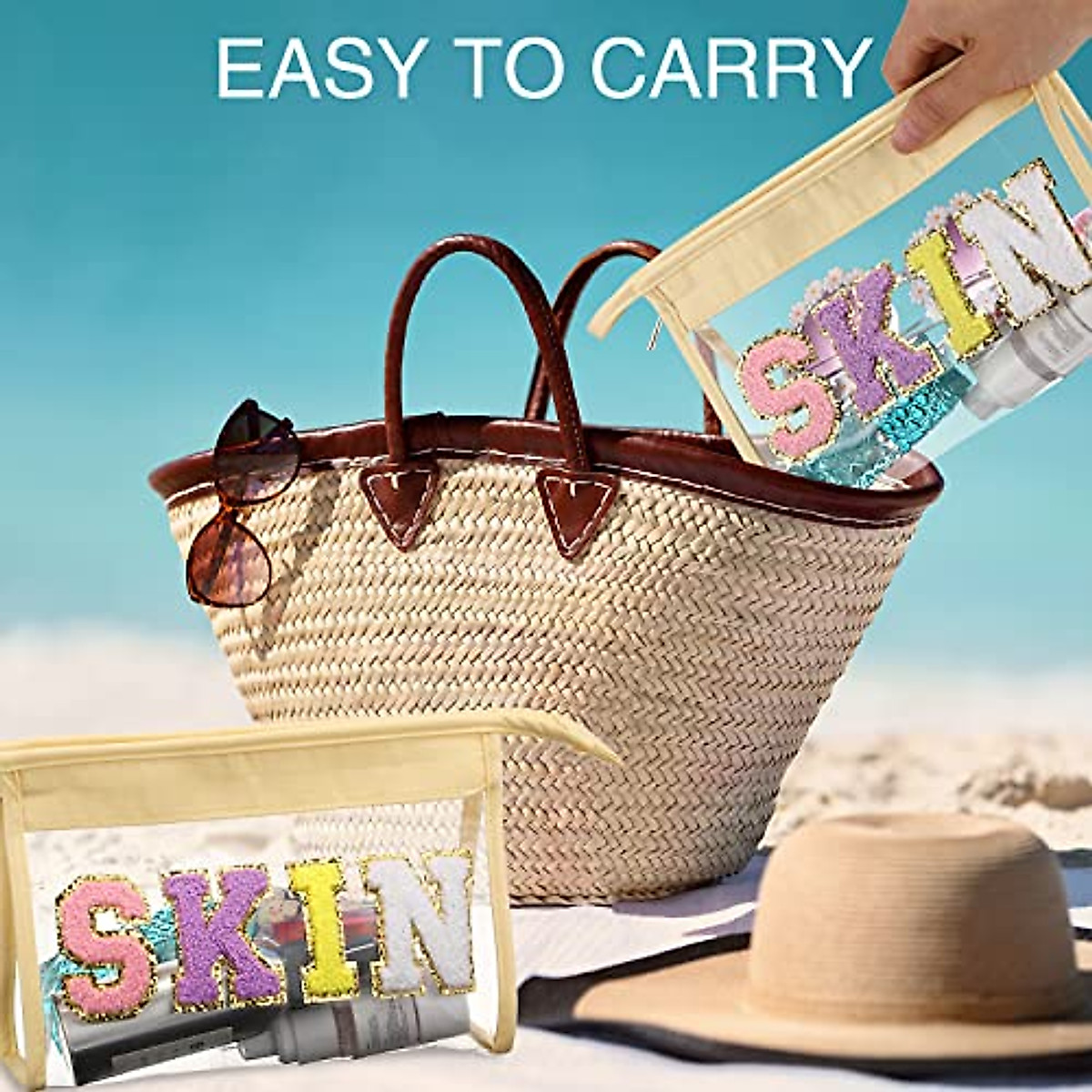 6 Pcs Clear Preppy Patch Makeup Bag Nylon Cosmetic Bag PVC Zipper Varsity Letter Toiletry Bag Multipurpose Makeup Bag for Purse Skin Care Bag Travel Pouches for Toiletry Preppy Organizer (Cute Color)