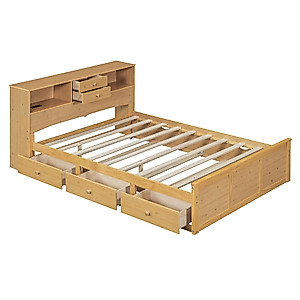 HoRunzelin Full Size Pltaform Bed with Storage Drawers,Twin Trundle,Bookshelf Headboard,Charging Station,Solid Wood Captains Bed with Shelves for Kids Boys Girls Teens, Natural